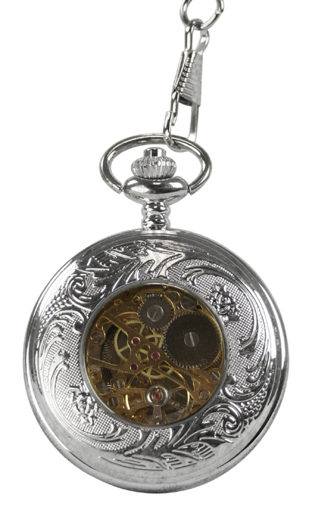 Silver Plated Mechanical Inscribed Window Pocket Watch with Chain ...